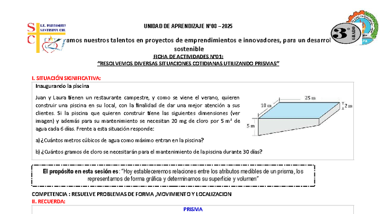 3° B - Ficha 1 - U8 - Sem 1 - Matemática: Proyectos de Prisma y Cloro ...