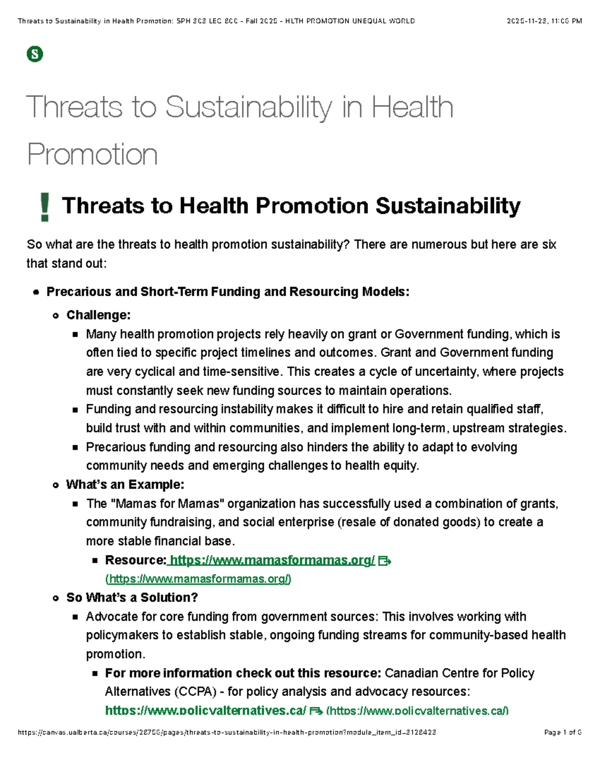 Threats to Sustainability in Health Promotion: SPH 303 LEC 800 Fall ...