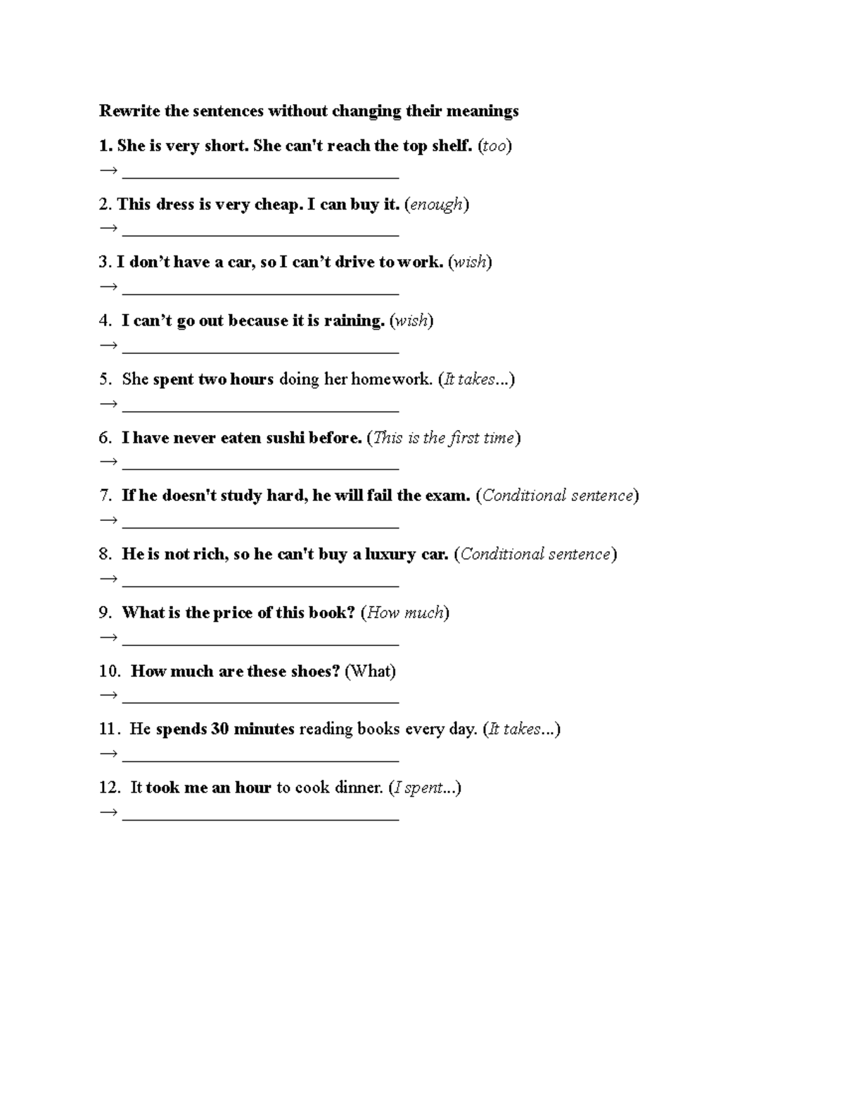 Rewrite Sentences Without Changing Their Meanings: Practice Exercise ...