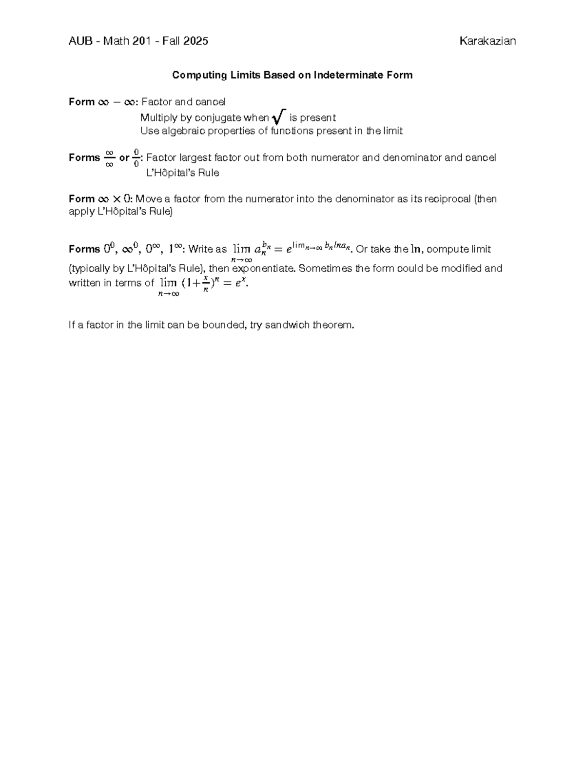 AUB Math 201 Fall 2025 Limits - Summary of Indeterminate Forms and ...