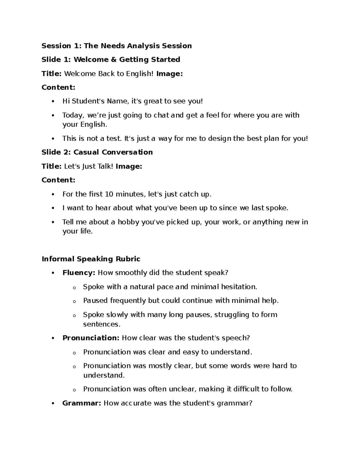 ENG101: Session 1 - Needs Analysis and Informal Speaking Activities ...