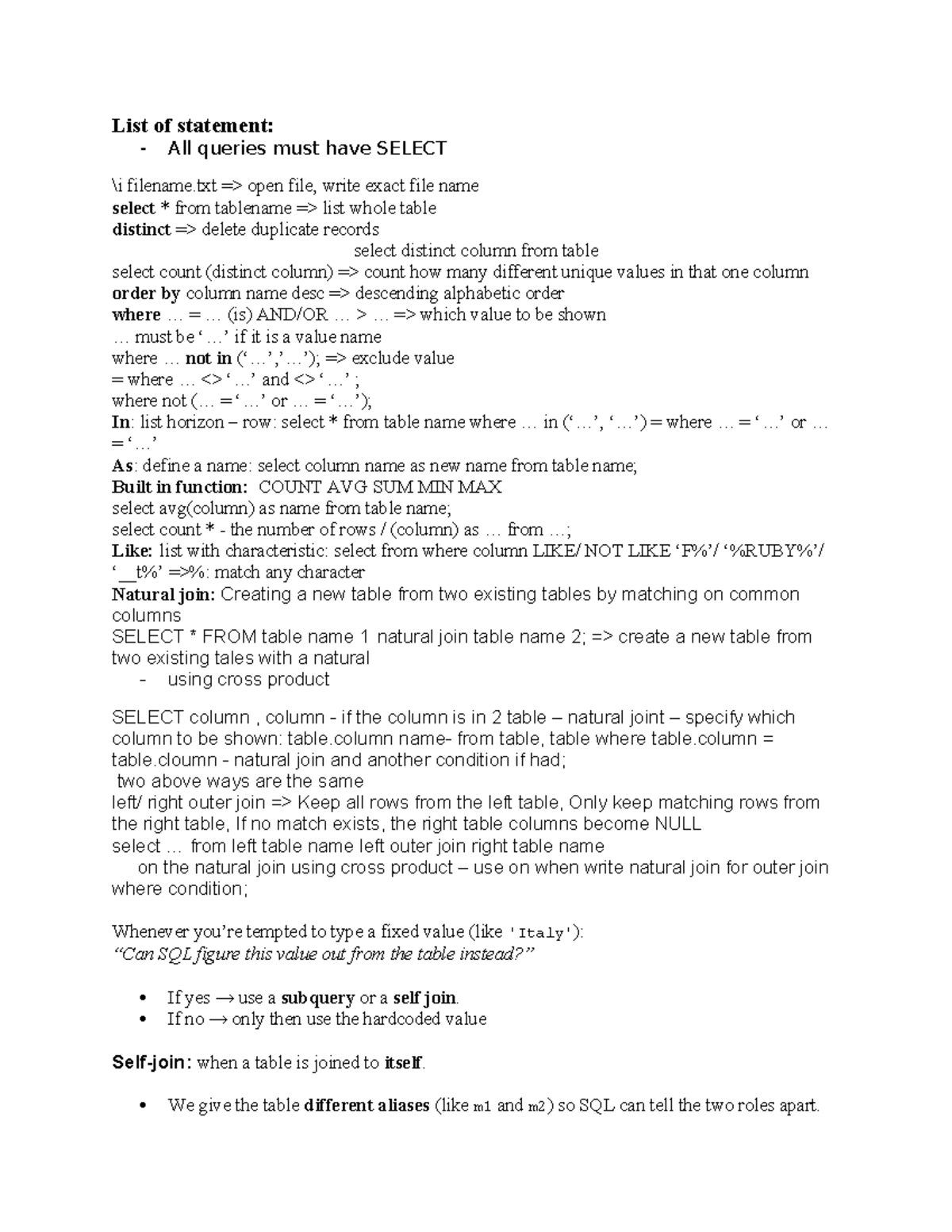 SQL Queries Cheat Sheet: Essential Commands & Functions for Quiz - Studocu