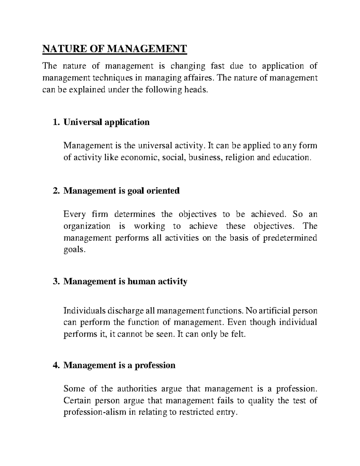 Nature OF Management - Lecture notes - NATURE OF MANAGEMENT The nature ...