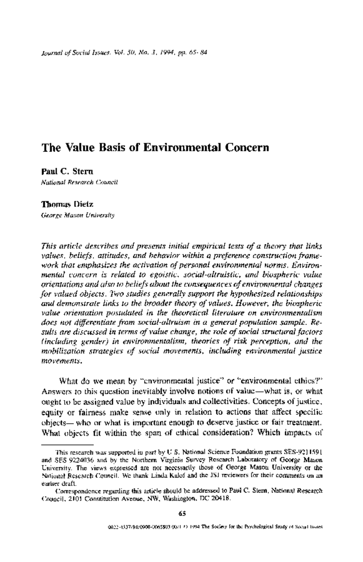 Value Basis of Environmental Concern: Insights from JSI Vol. 50, No. 3 ...