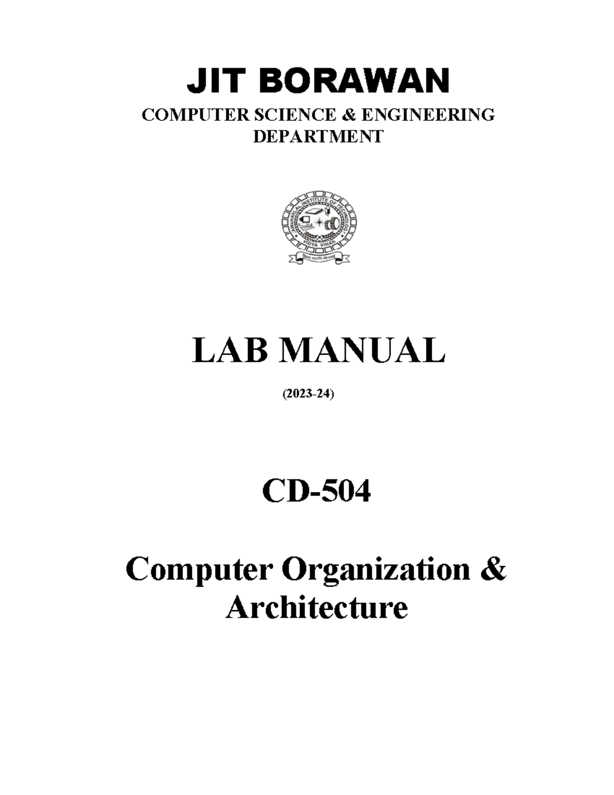 COA Lab Manual - dffhdgj - JIT BORAWAN COMPUTER SCIENCE & ENGINEERING DEPARTMENT LAB MANUAL ...