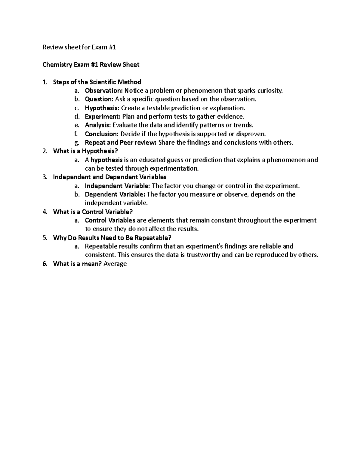 Chemistry Exam 1 Review Sheet: Scientific Method & Key Concepts - Studocu
