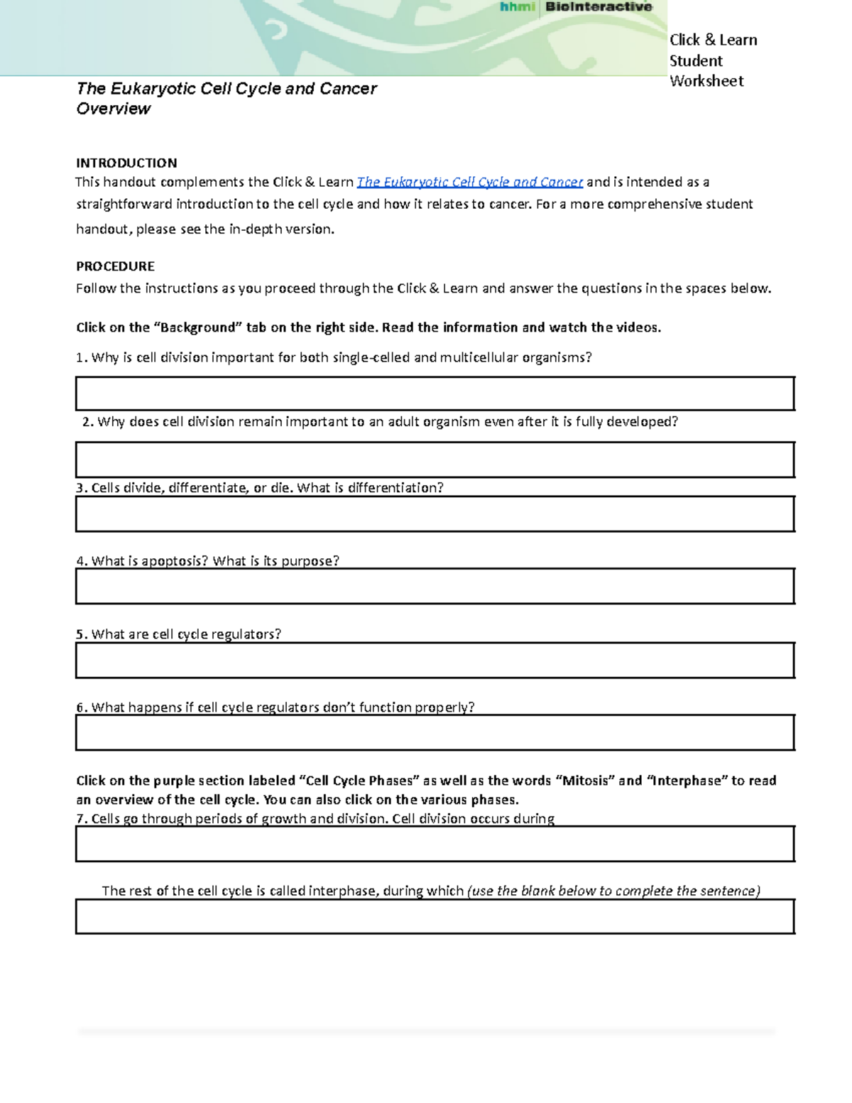 Cell Regulation Overview: Eukaryotic Cell Cycle & Cancer WS - Studocu