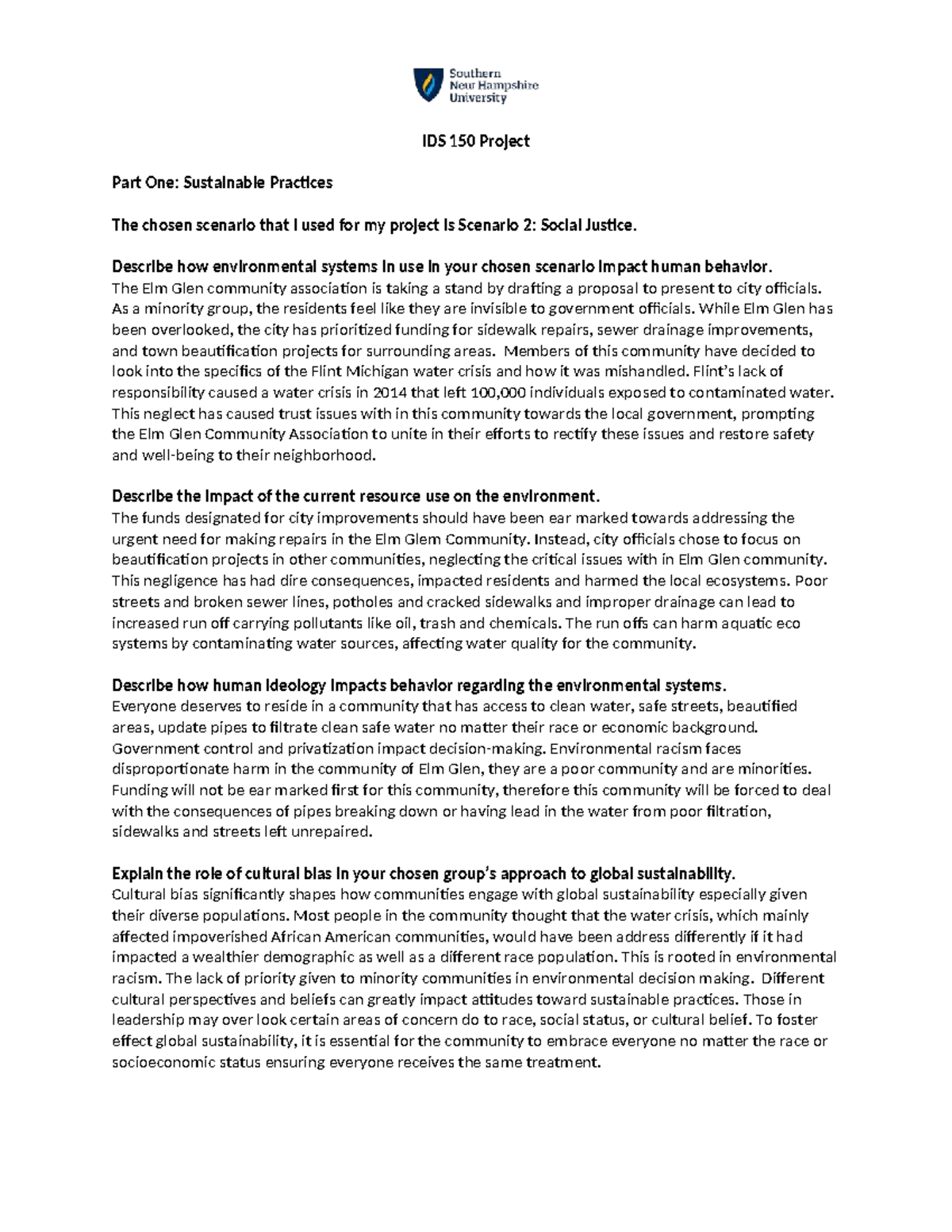 IDS 150 Project: Social Justice & Sustainability in Elm Glen Community ...