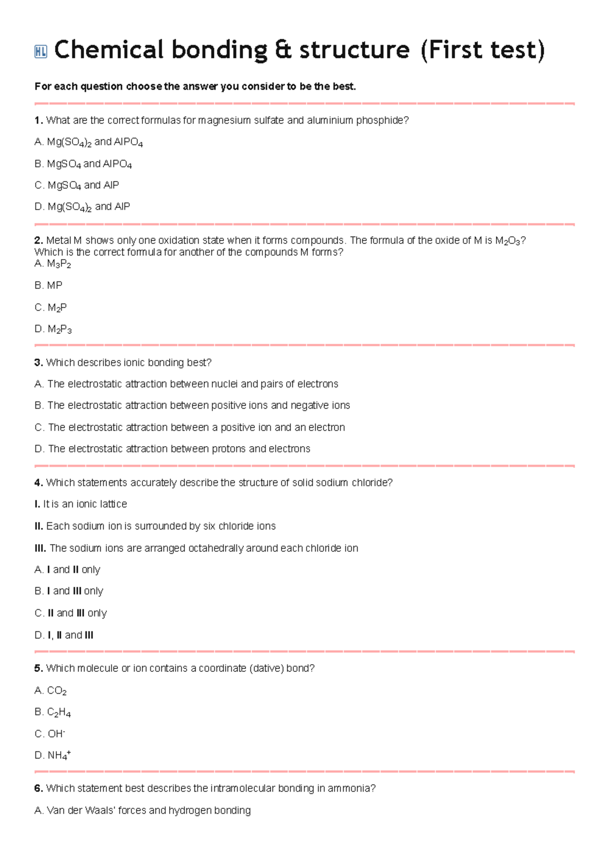 Chemical Bonding and Structure (First Test) - Chemical bonding ...