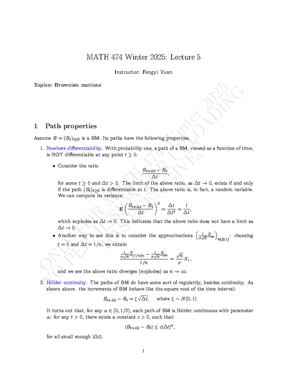 MATH 474 Winter 2025: Lecture 5 - Brownian Motion Properties and ...