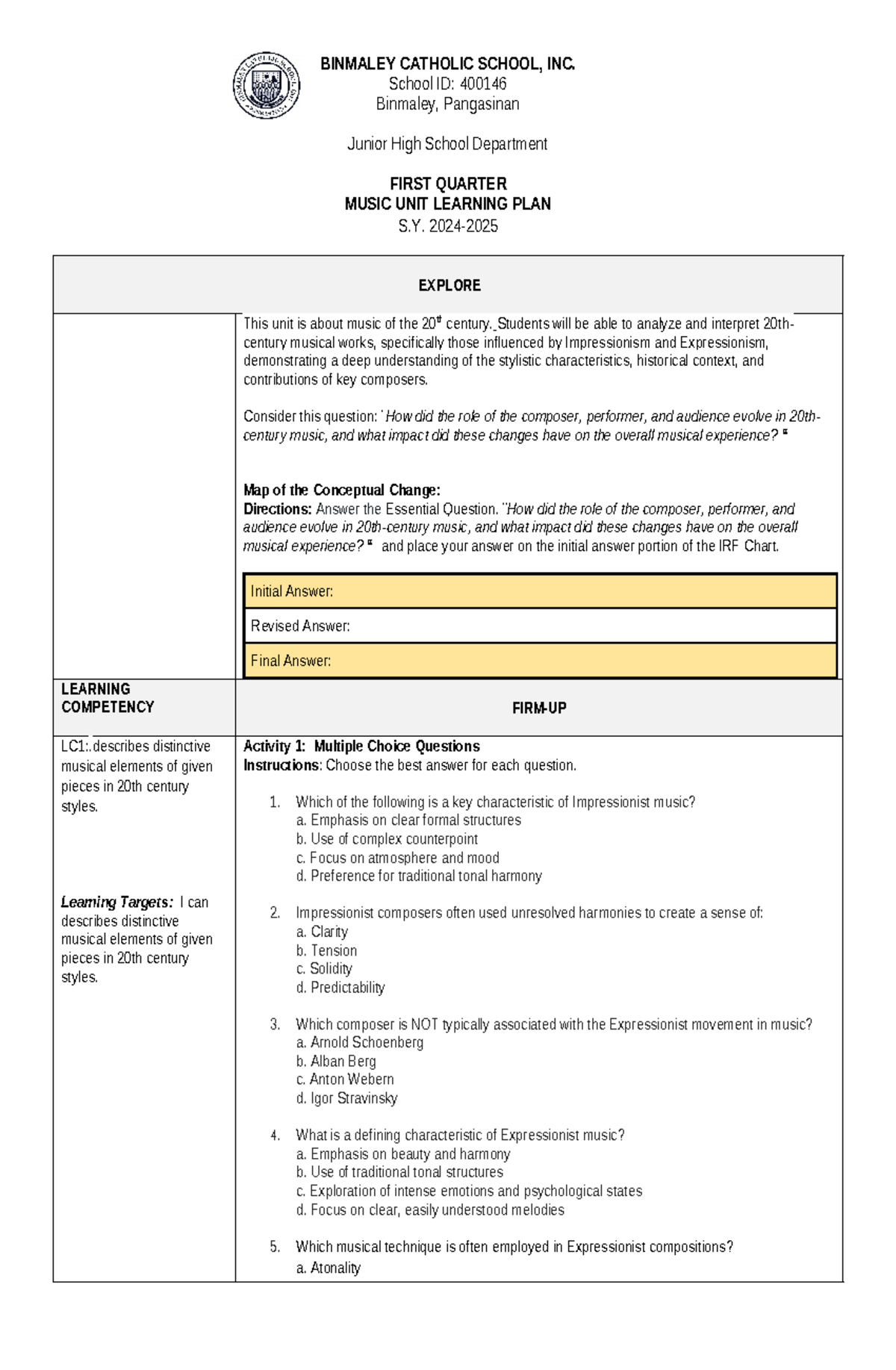 1st Quarter Music Learning Plan (Music 10) S.Y. 2024-2025 - Studocu
