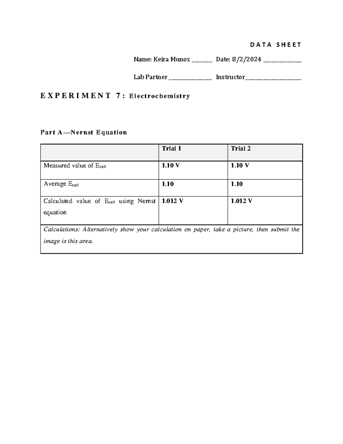 CHM1046L Final Lab Data Sheet for Experiment 7: Electrochemistry - Studocu