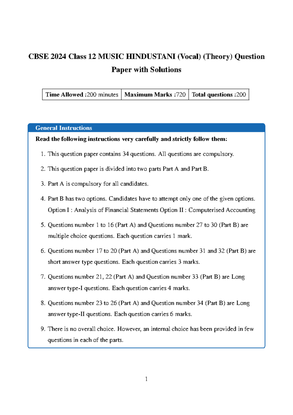 CBSE 2024 Class 12 Hindustani Vocal Music Theory Question Paper with ...