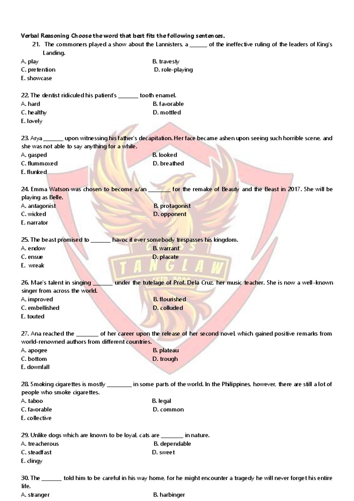 CSE PROF 001 MOCK TEST - JULY 12 2024 - Verbal Reasoning & Sentence ...