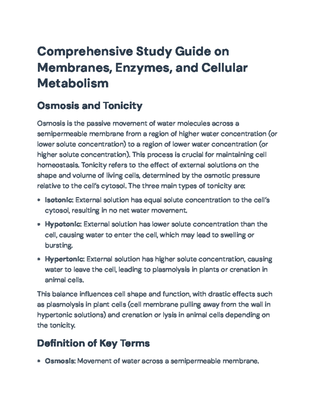 Comprehensive Study Guide: Membranes, Enzymes, and Cellular Metabolism ...