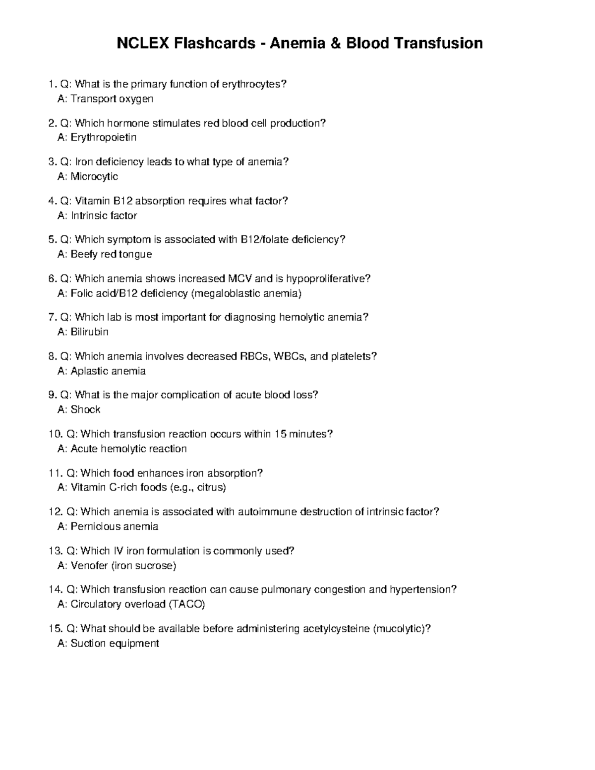 NCLEX Flashcards: Anemia & Blood Transfusion Study Guide - Studocu