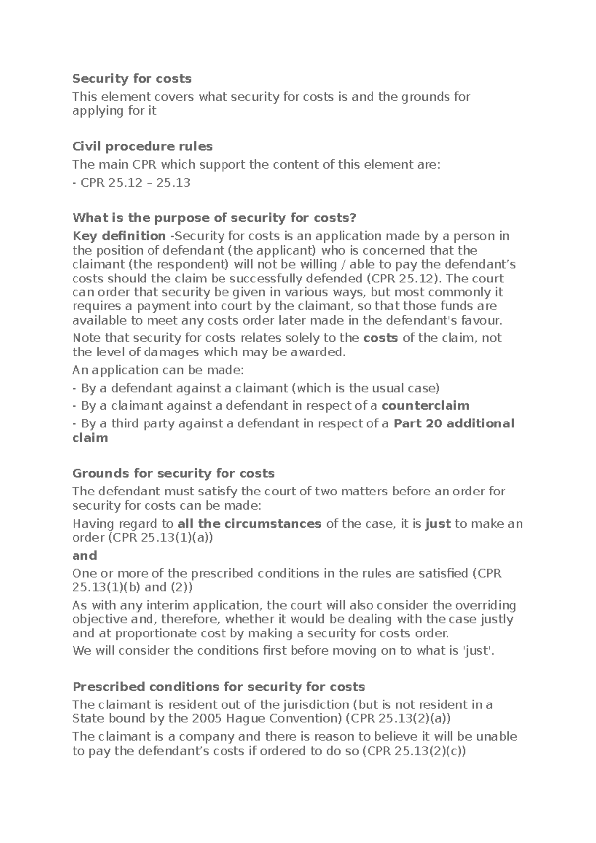 Security for Costs in Civil Procedure: Key Rules and Applications - Studocu