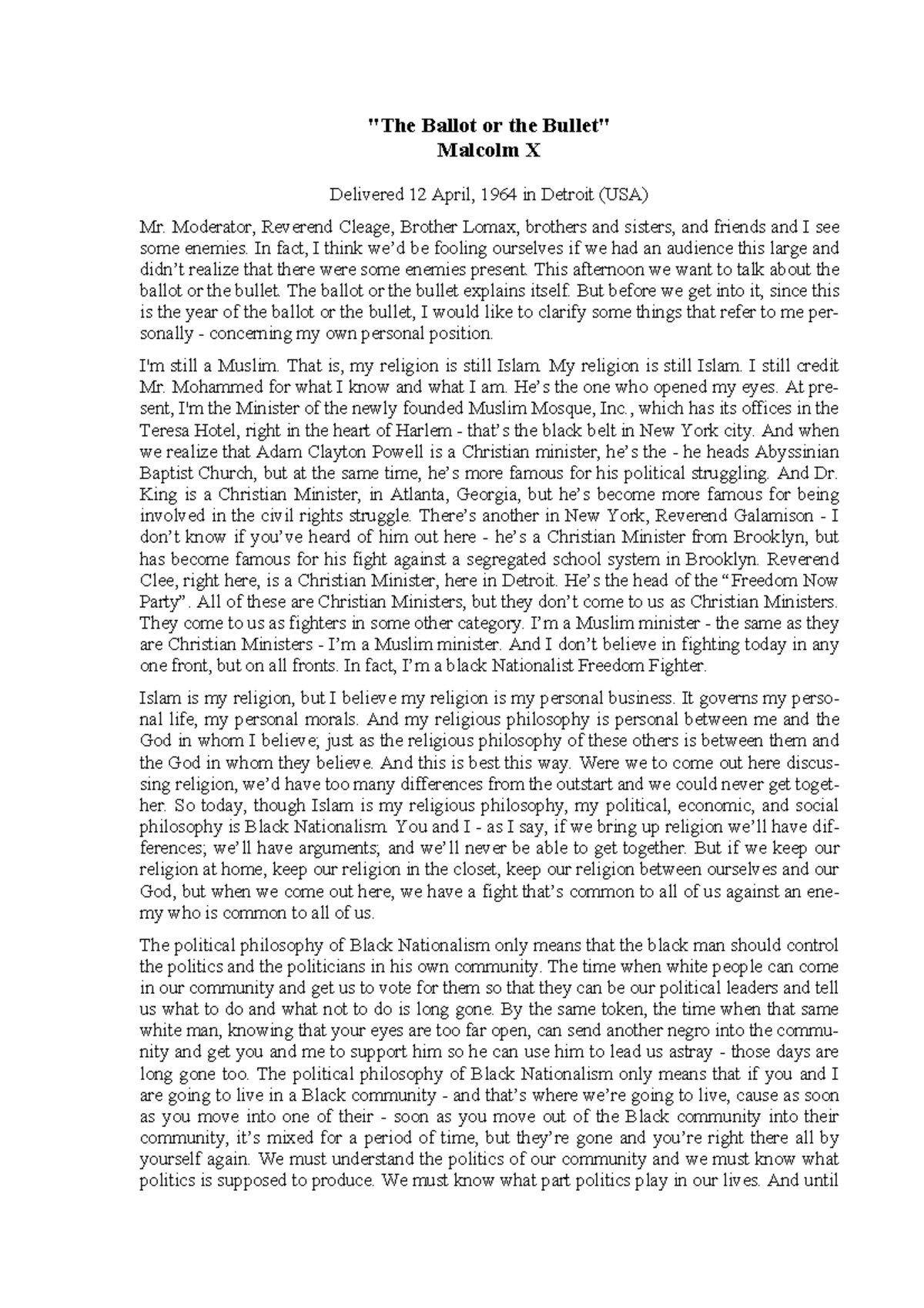 Malcolm X: The Ballot or the Bullet - Speech Analysis (6) - Studocu