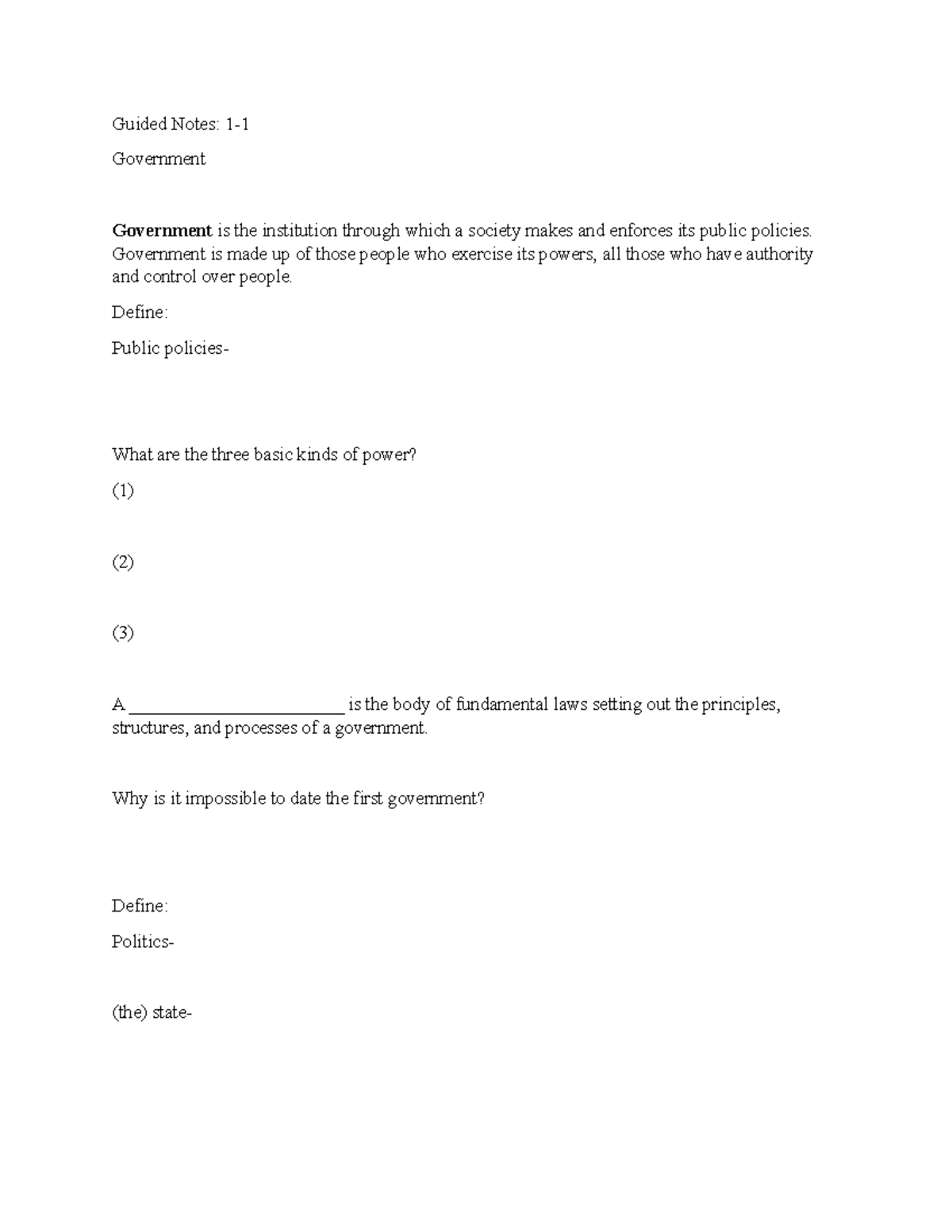 01 01 Guided Notes: Understanding Government Structures and Powers ...