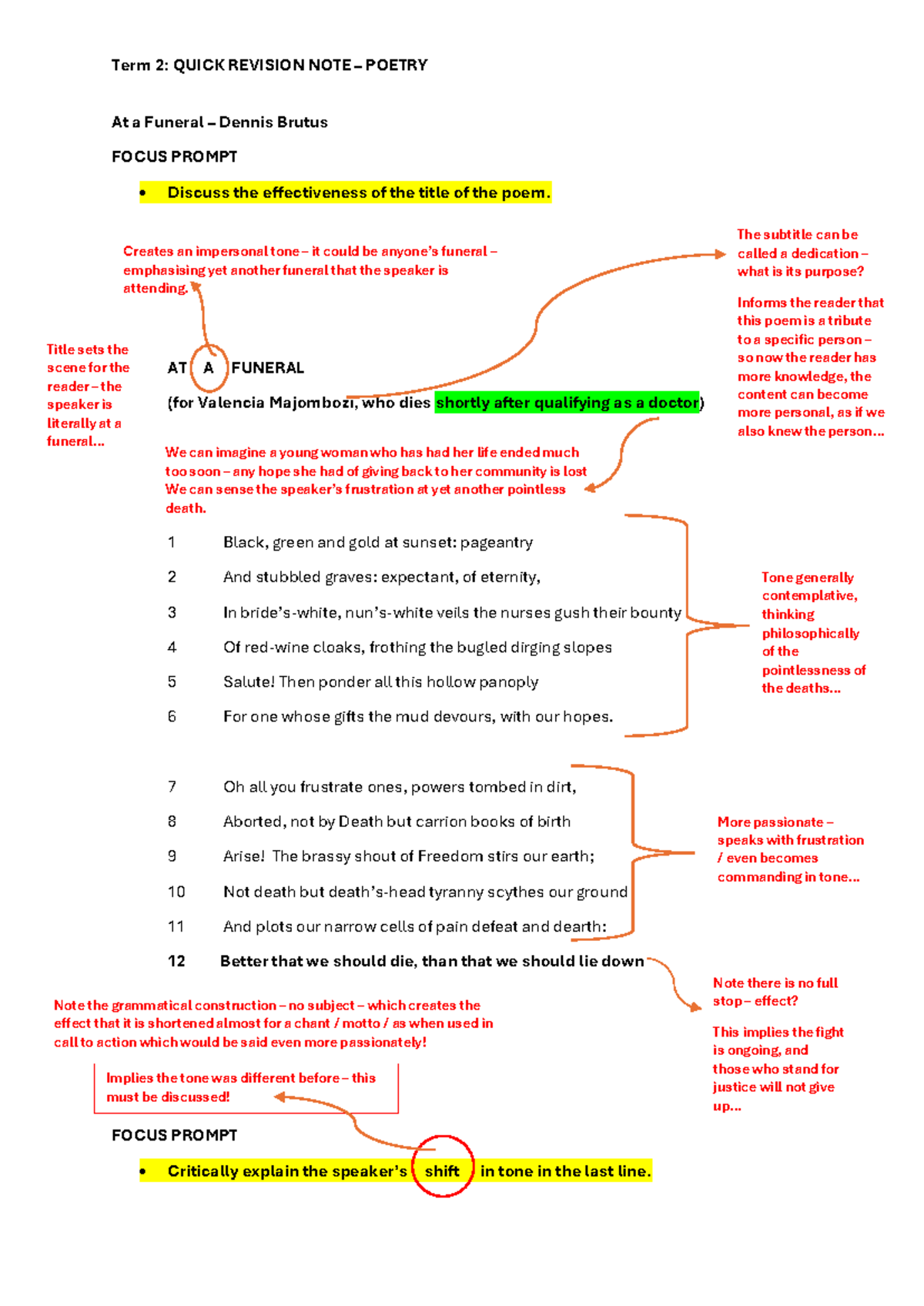 Term 2: Quick Revision Notes on "At a Funeral" Poem Analysis - Studocu