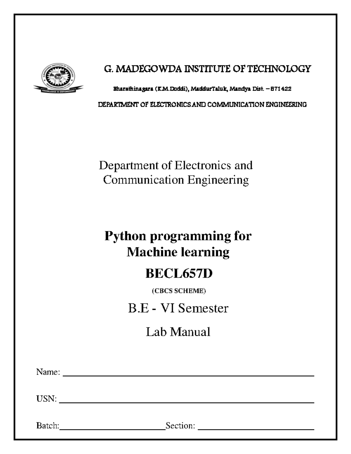 BECL657D Python Programming Lab Manual for Machine Learning - Studocu