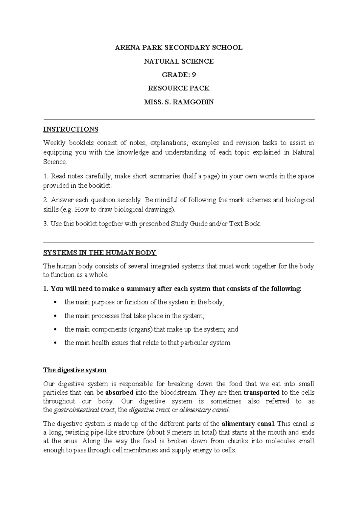 Natural Science Grade 9 Digestive System Resource Pack - Studocu