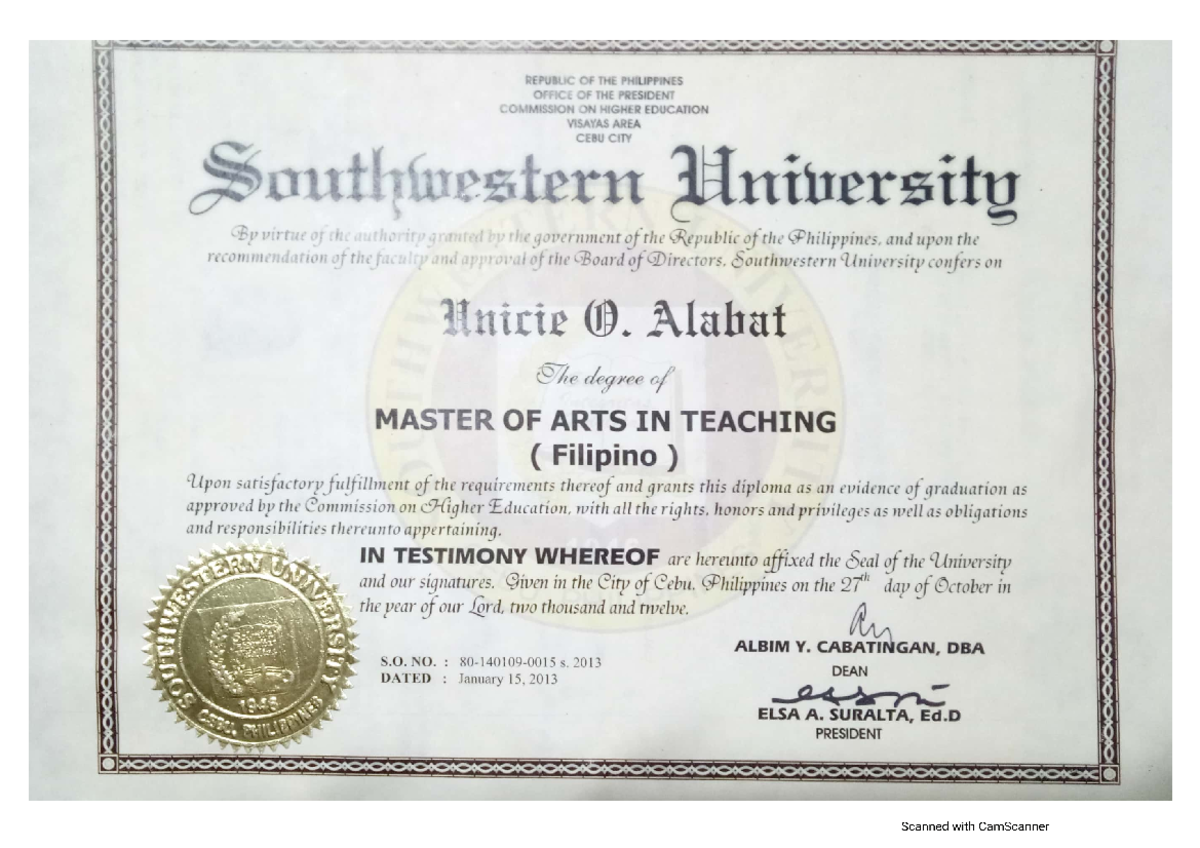 Certified TRUE COPY of Diploma - Alabat, Unicie O - Studocu