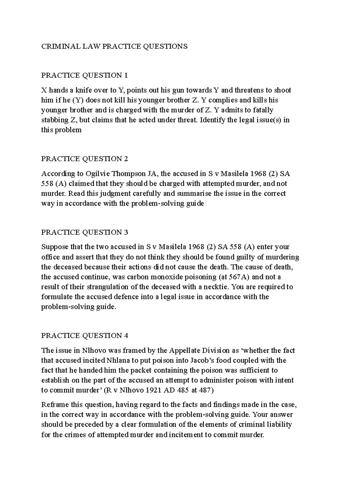 Criminal Law Practice Questions & Answers: Concepts and Cases Analysis ...