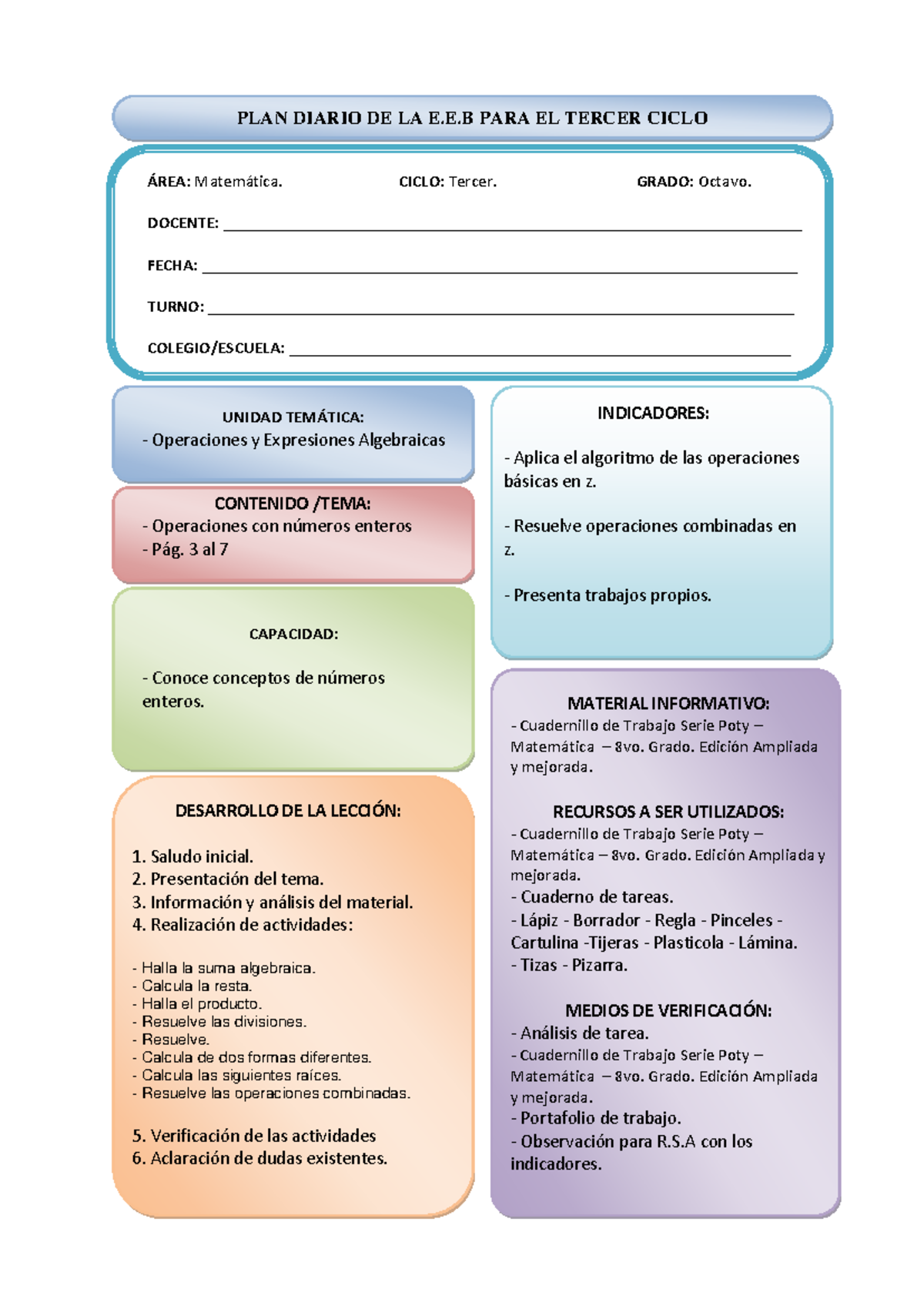PLAN DIARIO DE MATEMÁTICA 8° GRADO - TERCER CICLO - Studocu