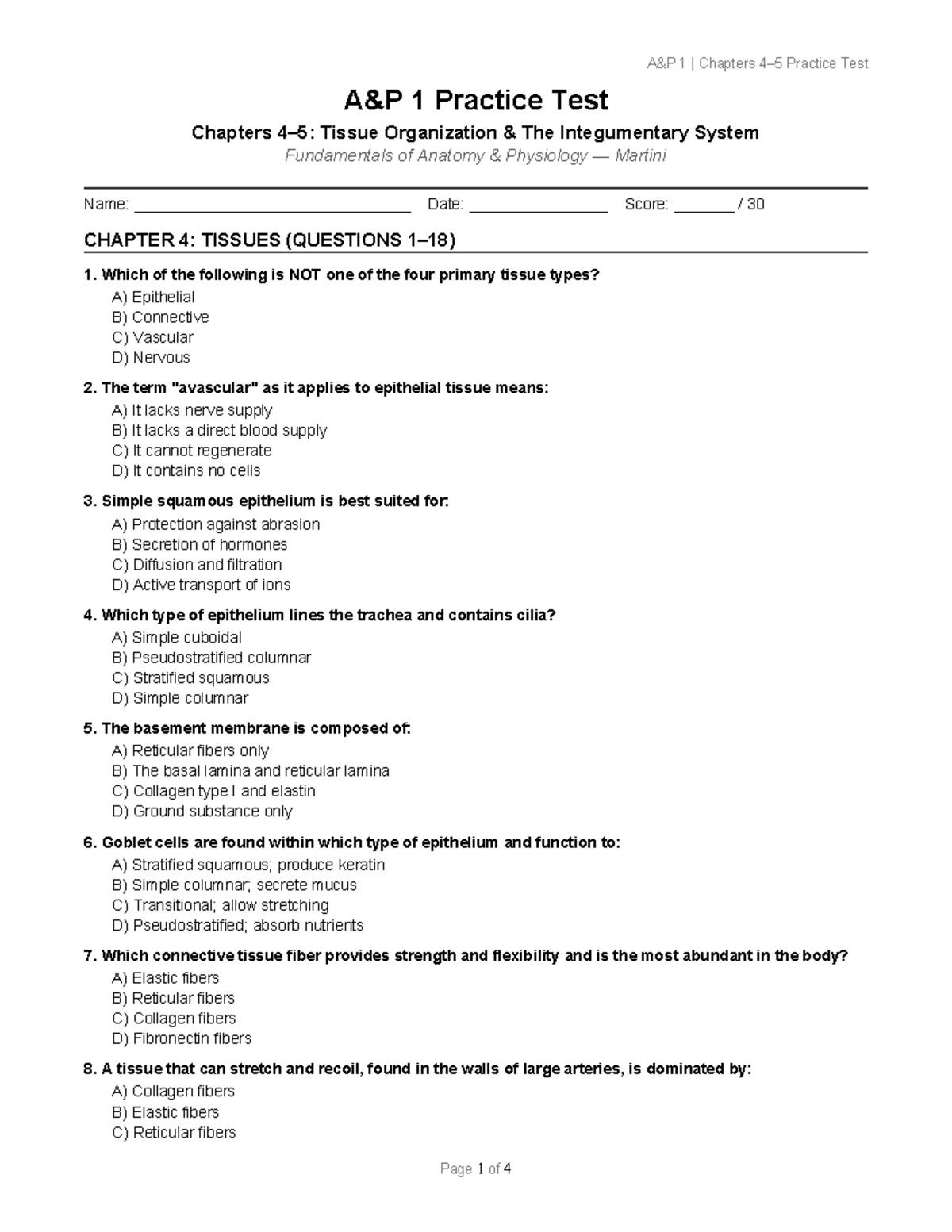 AP1 Ch4-5 Practice Test: Tissue Organization & Integumentary System ...