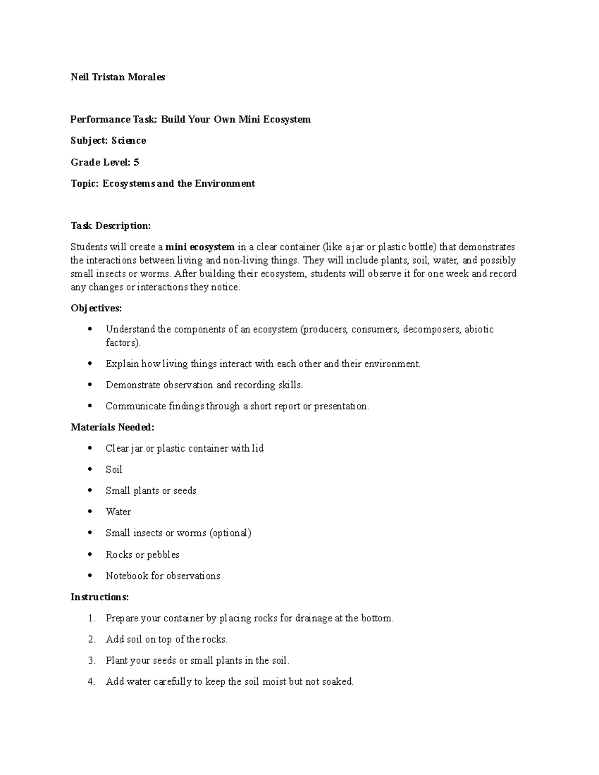 5th Grade Science Performance Task: Build Your Own Mini Ecosystem - Studocu