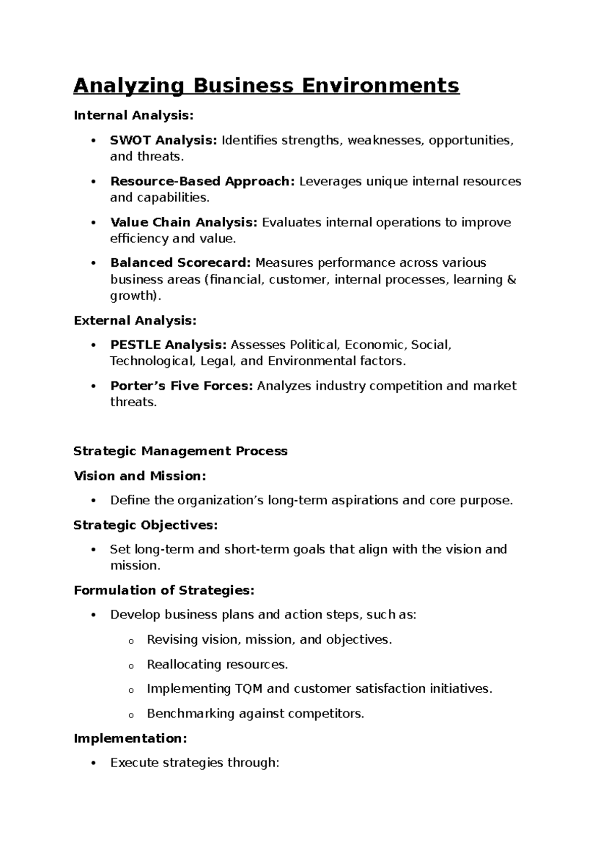 Bs2 - Business Environment Analysis: SWOT, TQM, and BPR Insights - Studocu