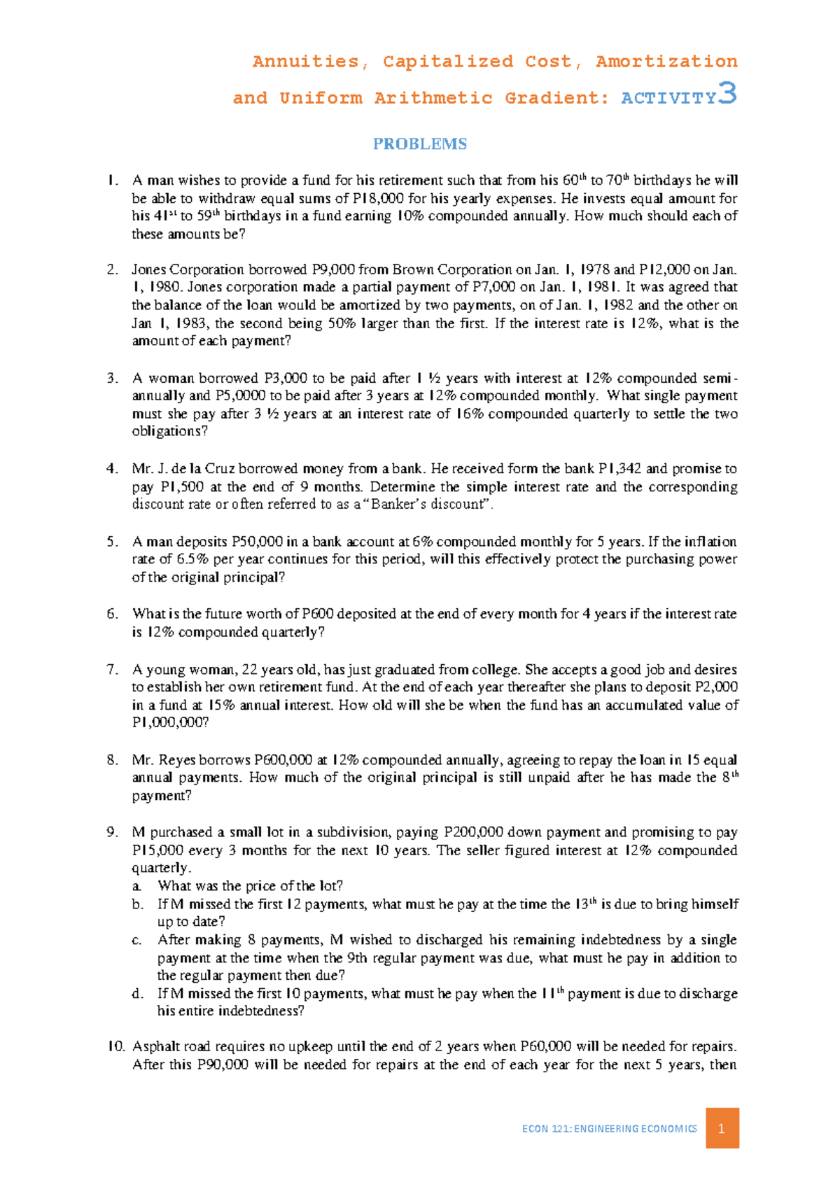 Econ 101: Activity 3 - Uniform Arithmetic Gradient Analysis - Studocu