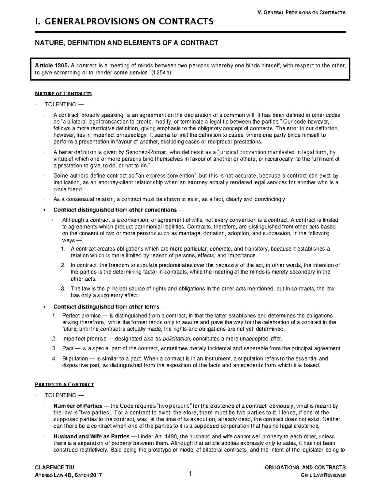 Toaz - Summary of obligation - V. GENERAL PROVISIONS ON CONTRACTS CLARENCE TIU ATENEO LAW 4B ...