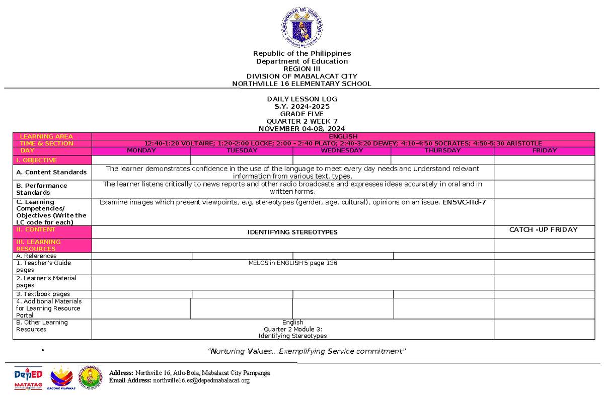 DLL SY-2024-2025- English 5 -Q2-WK7 - “Nurturing Values.. Service ...