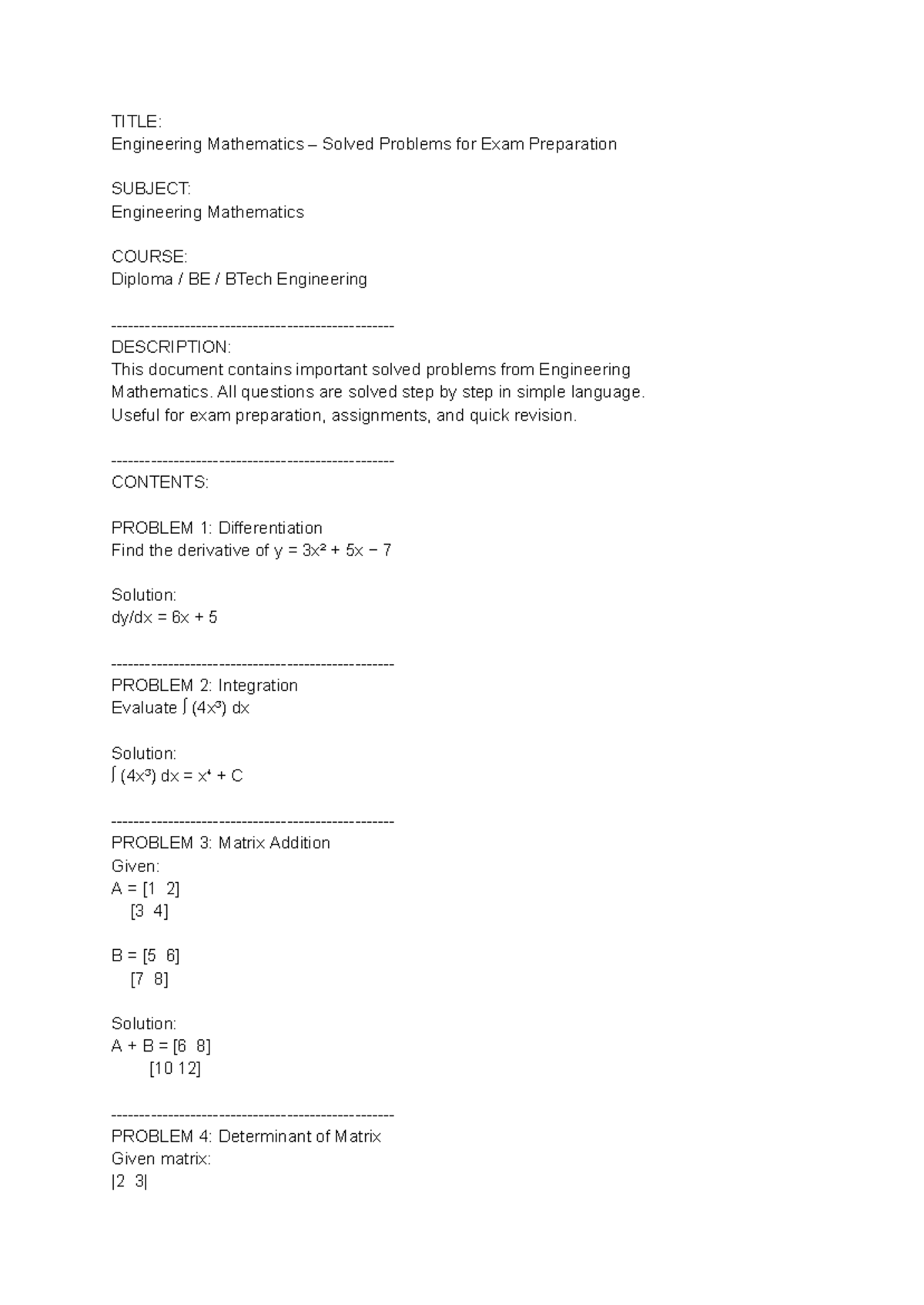 Engineering Mathematics (Diploma BE BTech) - Solved Problems for Exam ...