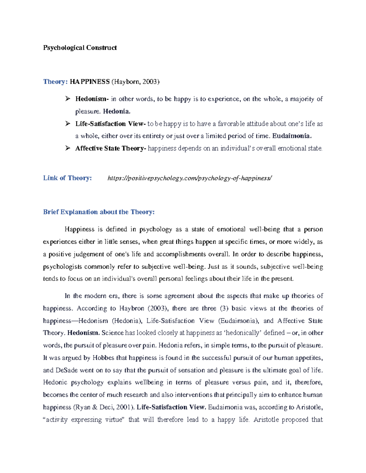 Happiness Theory- Psychological Construct Theory: HAPPINESS (Hayborn ...