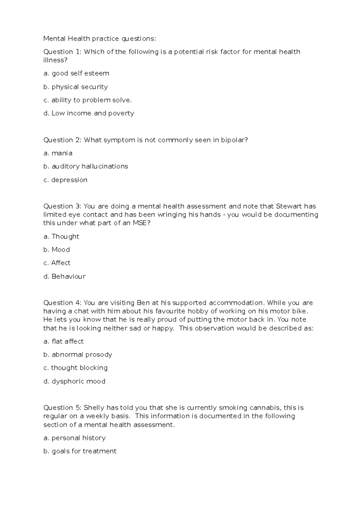 Mental Health Practice Questions: Mock Exam Answers for Nursing 101 ...