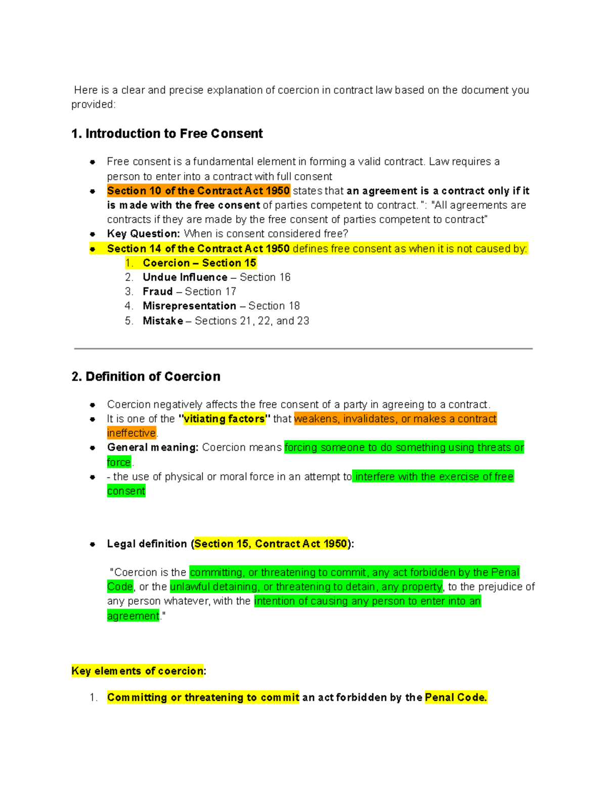 Coercion in contract law: A detailed analysis under contract 1 - Studocu