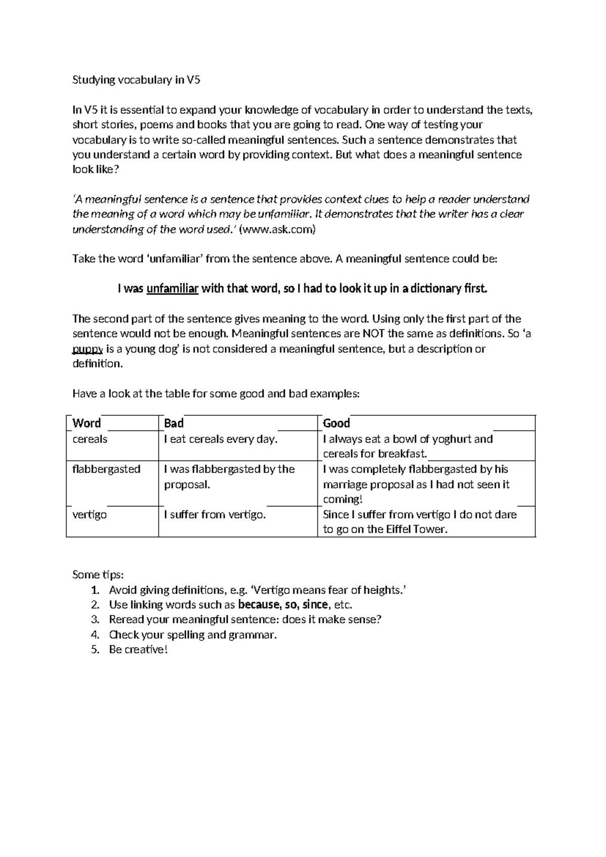 V5 Writing Meaningful Sentences for Vocabulary Mastery - Studeersnel