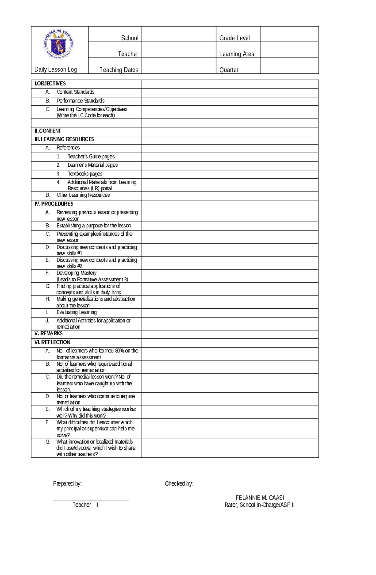 Daily-Lesson-Log - Lecture - Daily Lesson Log School Grade Level ...