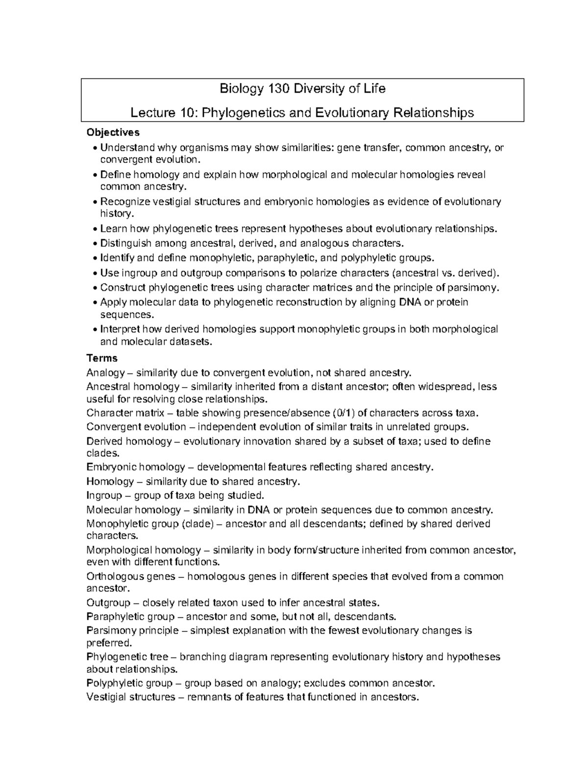 BIO130 Lecture 10 Study Aid: Phylogenetics & Evolutionary Relationships ...