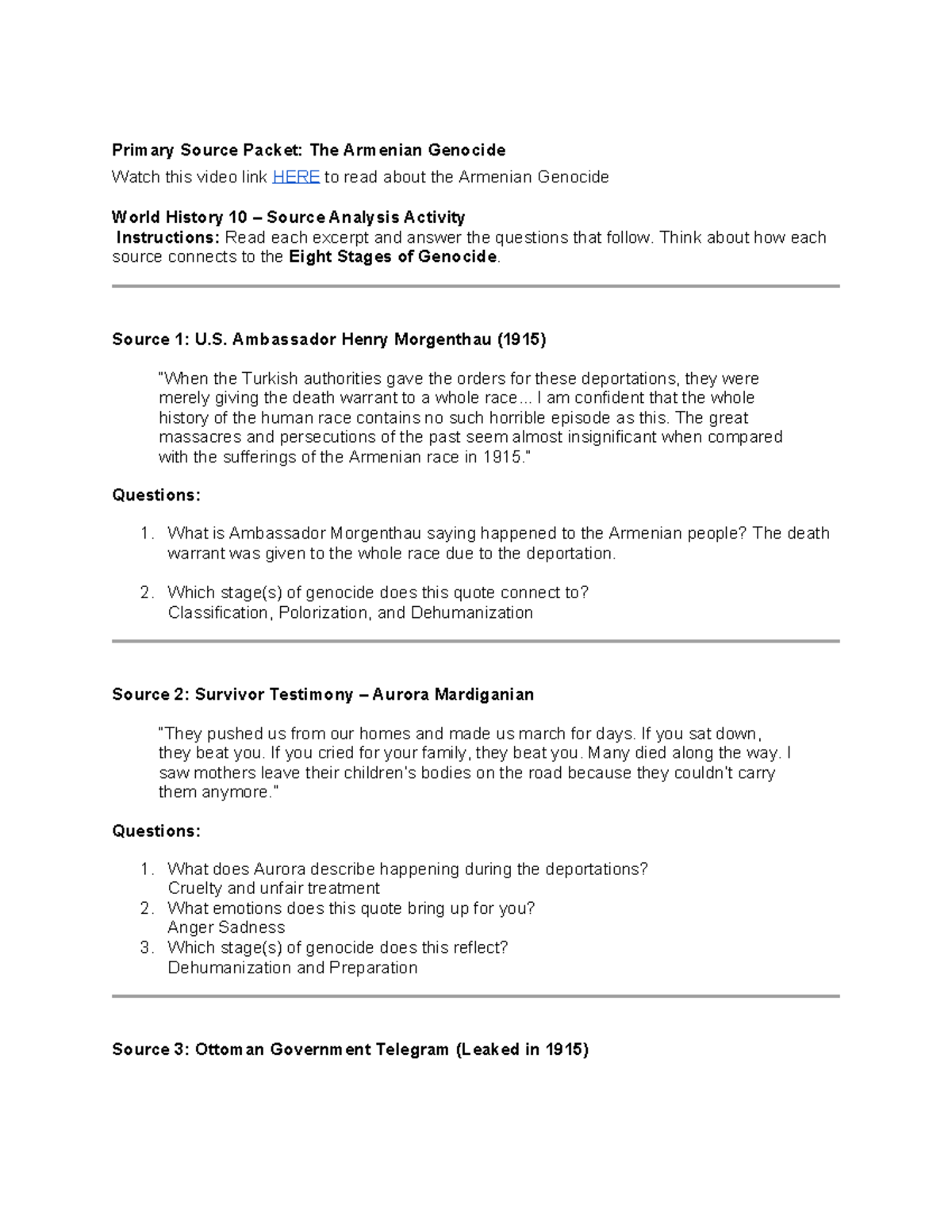 World History 10: Day 3 Analysis of the Armenian Genocide Sources - Studocu