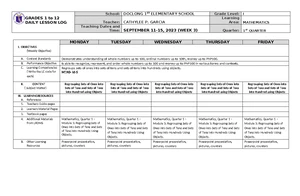 DLL Mathematics-1 Q1 W1 - GRADES 1 to 12 DAILY LESSON LOG School ...
