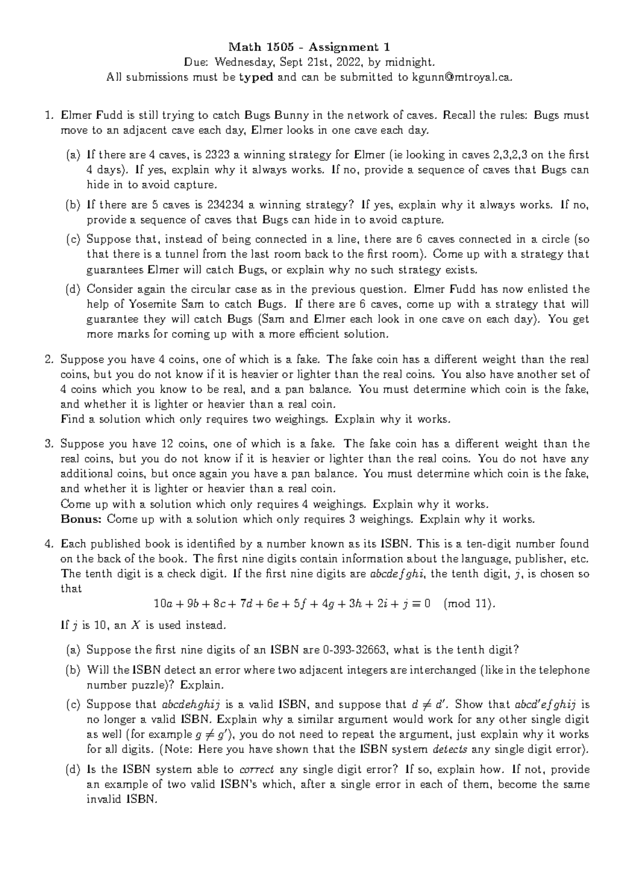 Math 1505: Assignment 1 - Strategies for Bugs Bunny & Coin Weighing ...