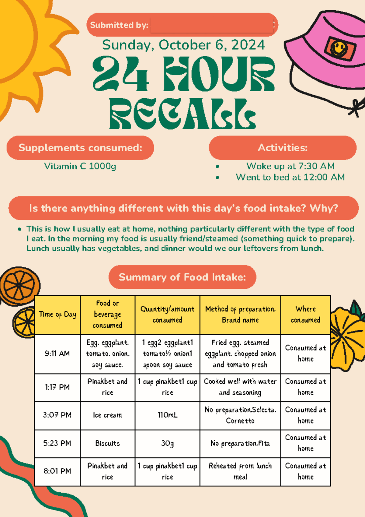 24-Hour Recall: Food Intake Analysis - BSN 2C - Studocu