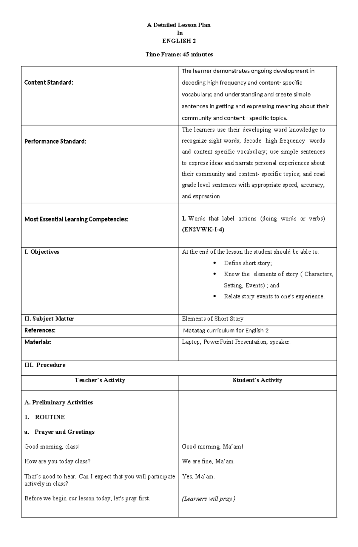 Detailed Lesson Plan for English 2: Short Story Elements - Studocu