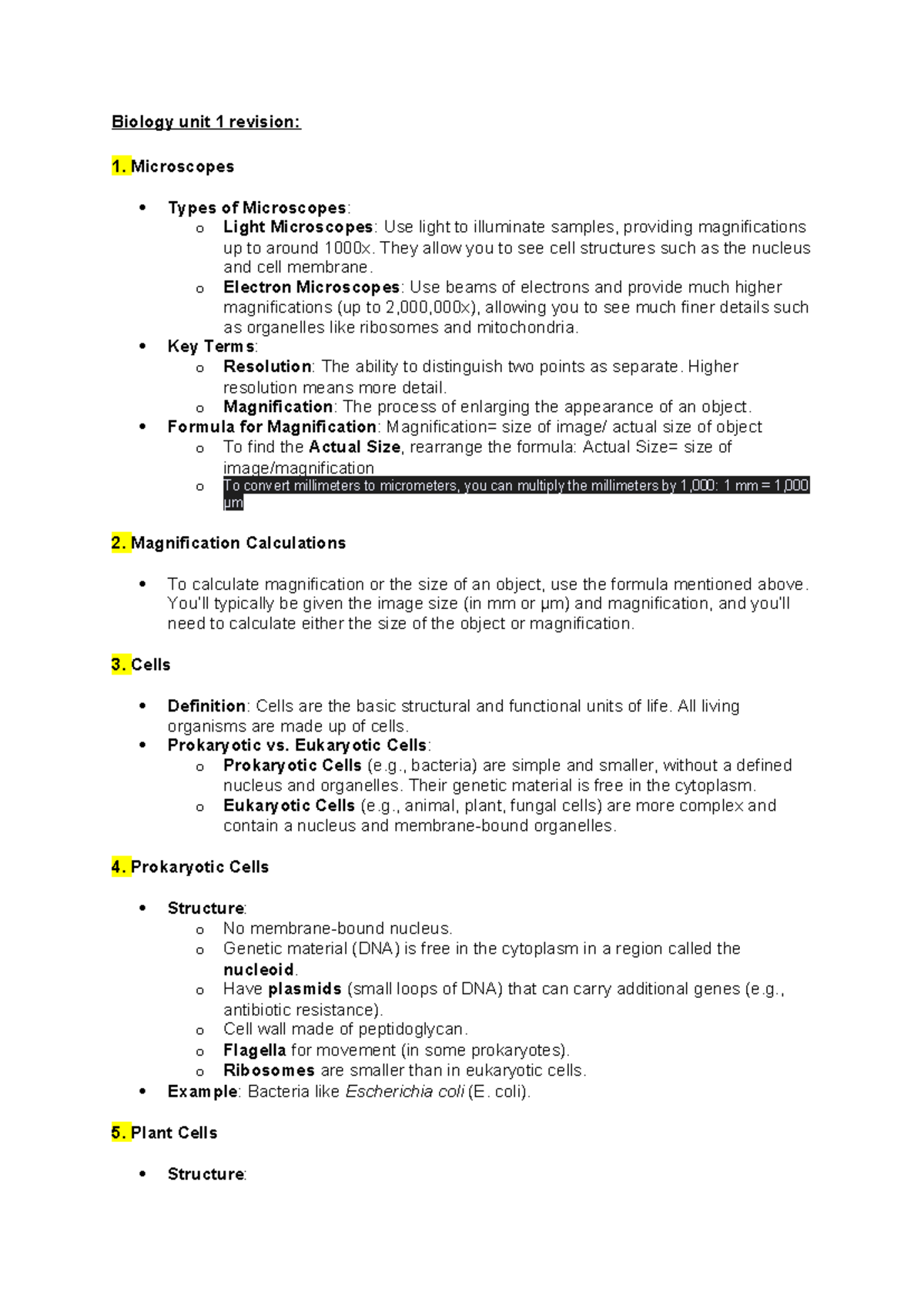 Biology Unit 1 Revision: Microscopes, Cells, and Specialised Structures ...