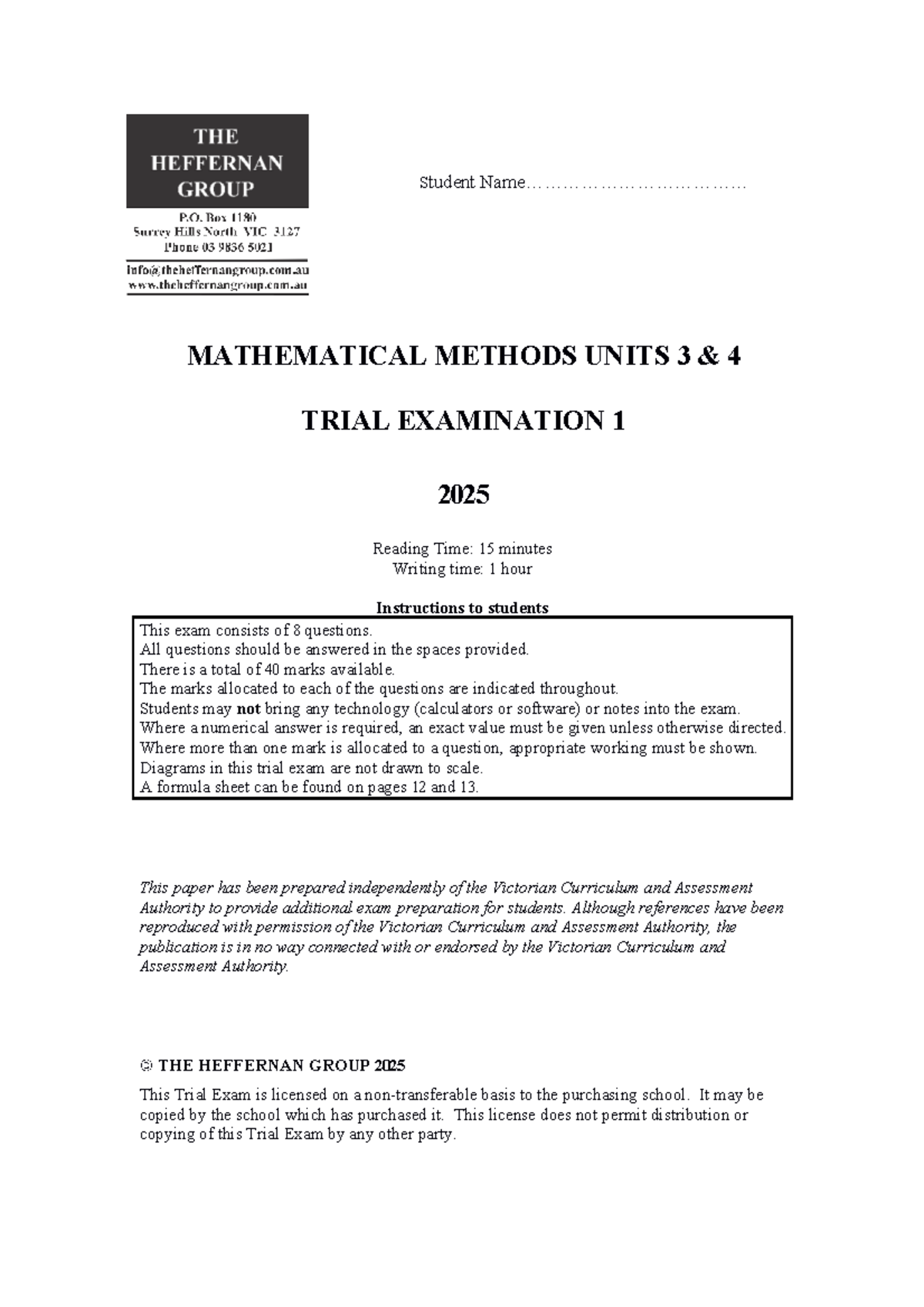 Mathematical Methods Units 3 4 Trial Exam 1 - 2025 - Studocu