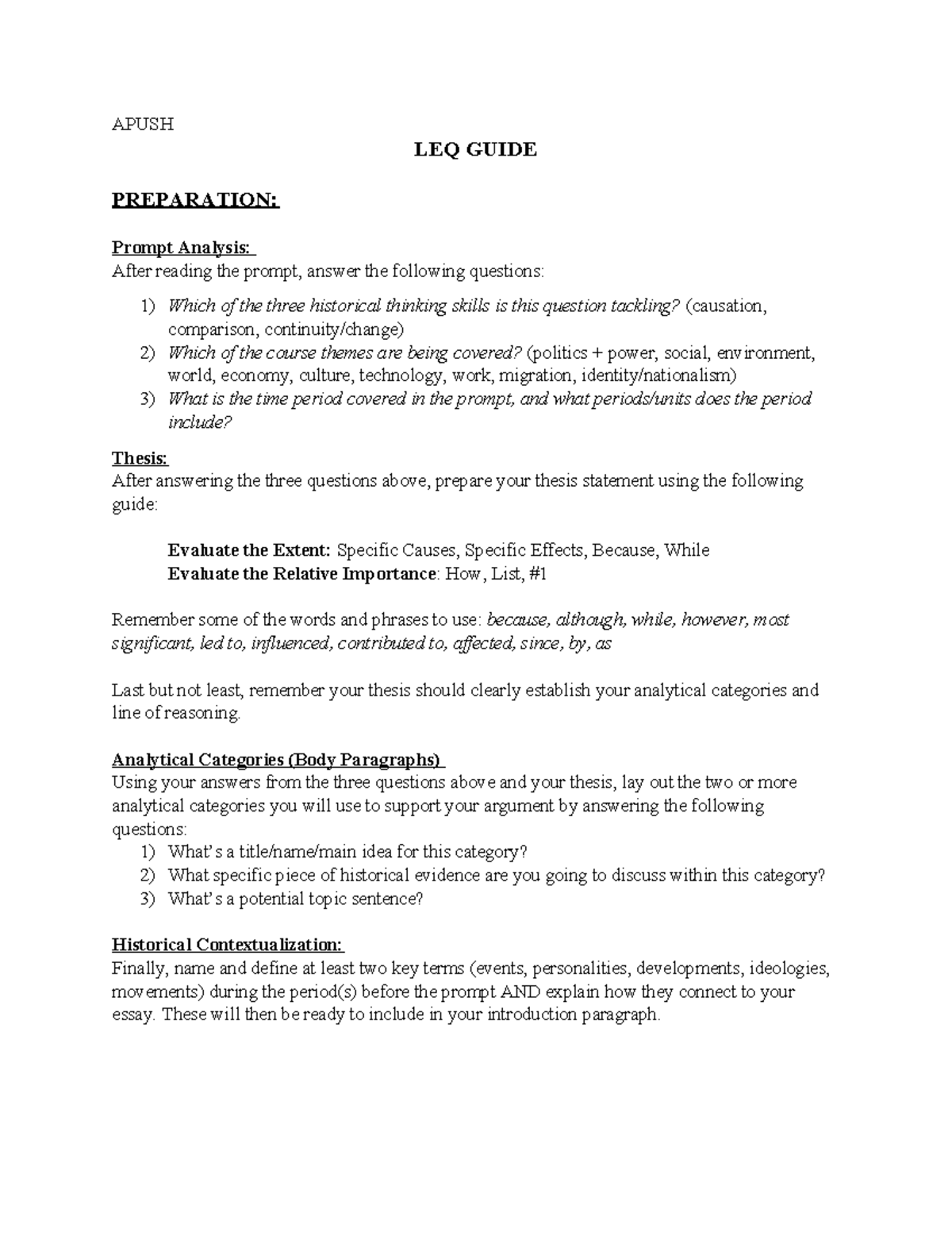 APUSH LEQ+ Writing Guide: Crafting an Effective LEQ Response - Studocu